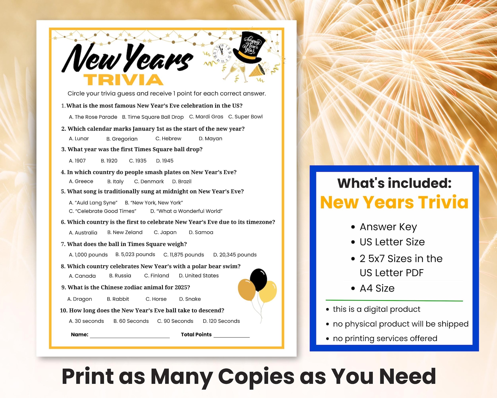 New Years Trivia Game, Printable New Year's Eve Party Game, New Years ...