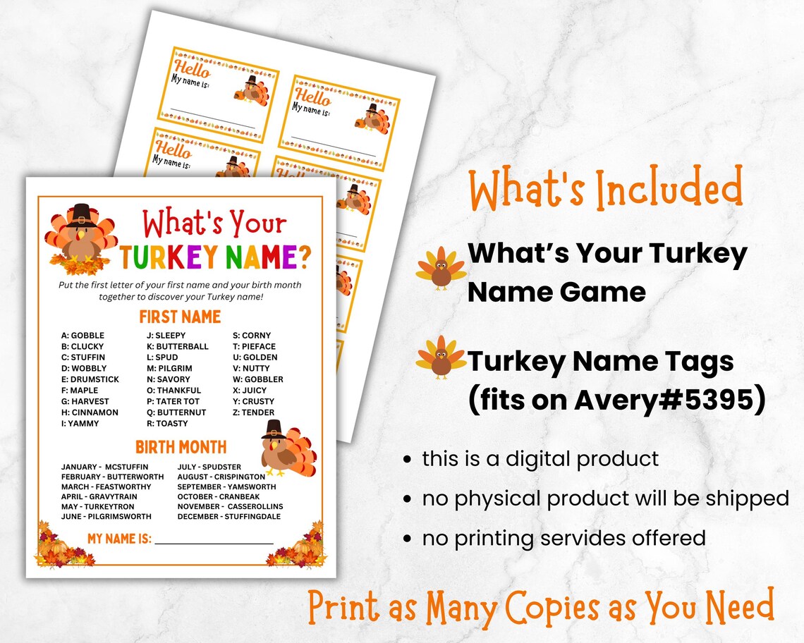 What's Your Turkey Name Game, Printable Thanksgiving Name Generator ...