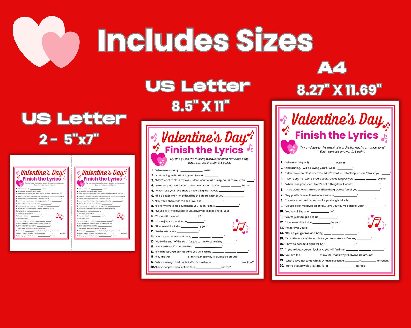Love Songs Finish the Lyrics Game, Printable Valentines Party Game ...