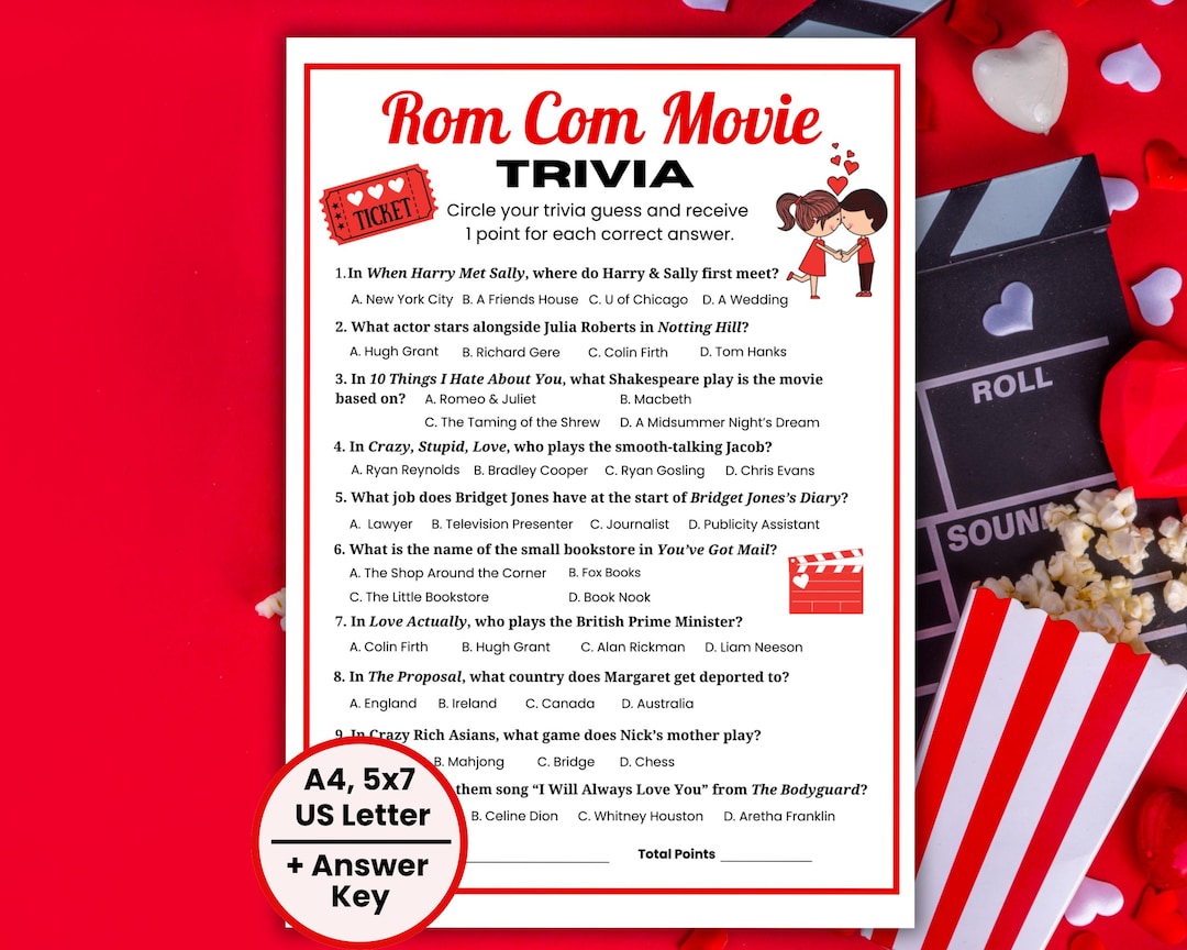 Rom Com Movie Trivia Quiz, Galentines Trivia, Romantic Comedy Trivia ...