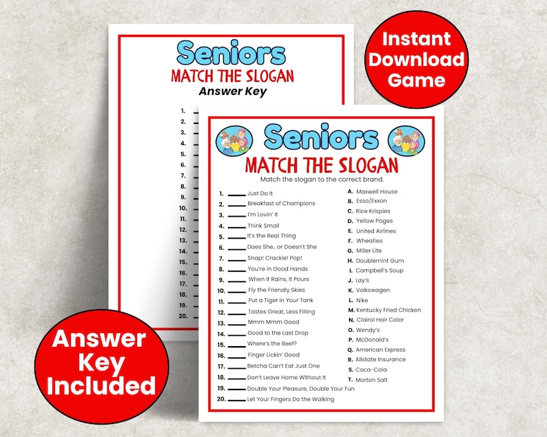 Senior Slogans Game, Ad Slogan Trivia Game for Seniors, Senior Party ...