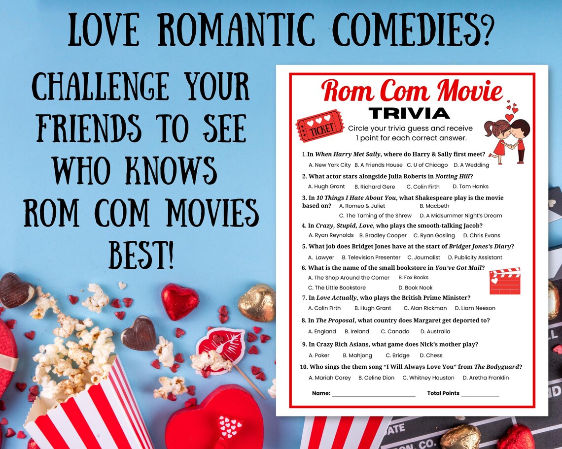 Rom Com Movie Trivia Quiz, Galentines Trivia, Romantic Comedy Trivia ...