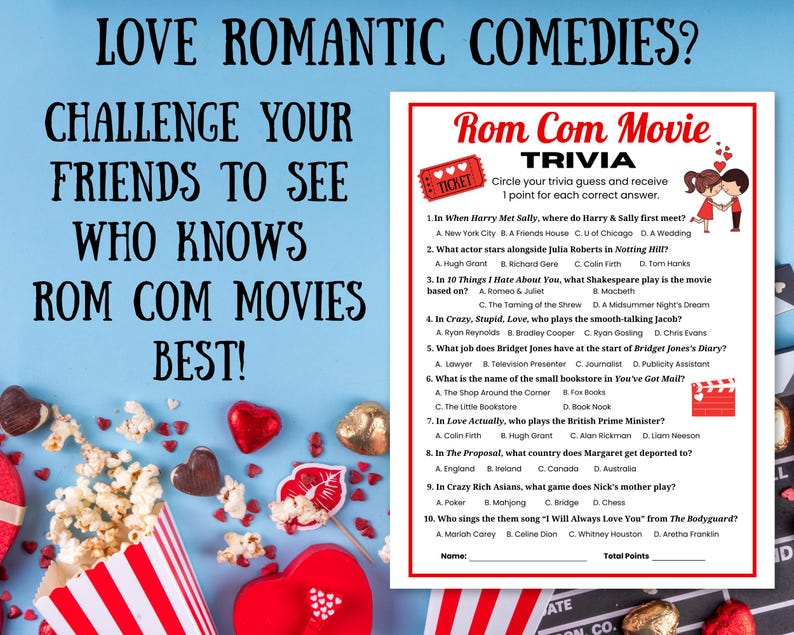 Rom Com Movie Trivia Quiz, Galentines Trivia, Romantic Comedy Trivia ...