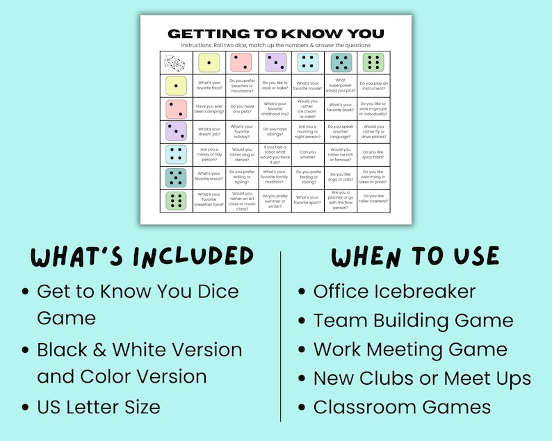 Get to Know You Game, Icebreaker Games, Printable Dice Game for Teens ...
