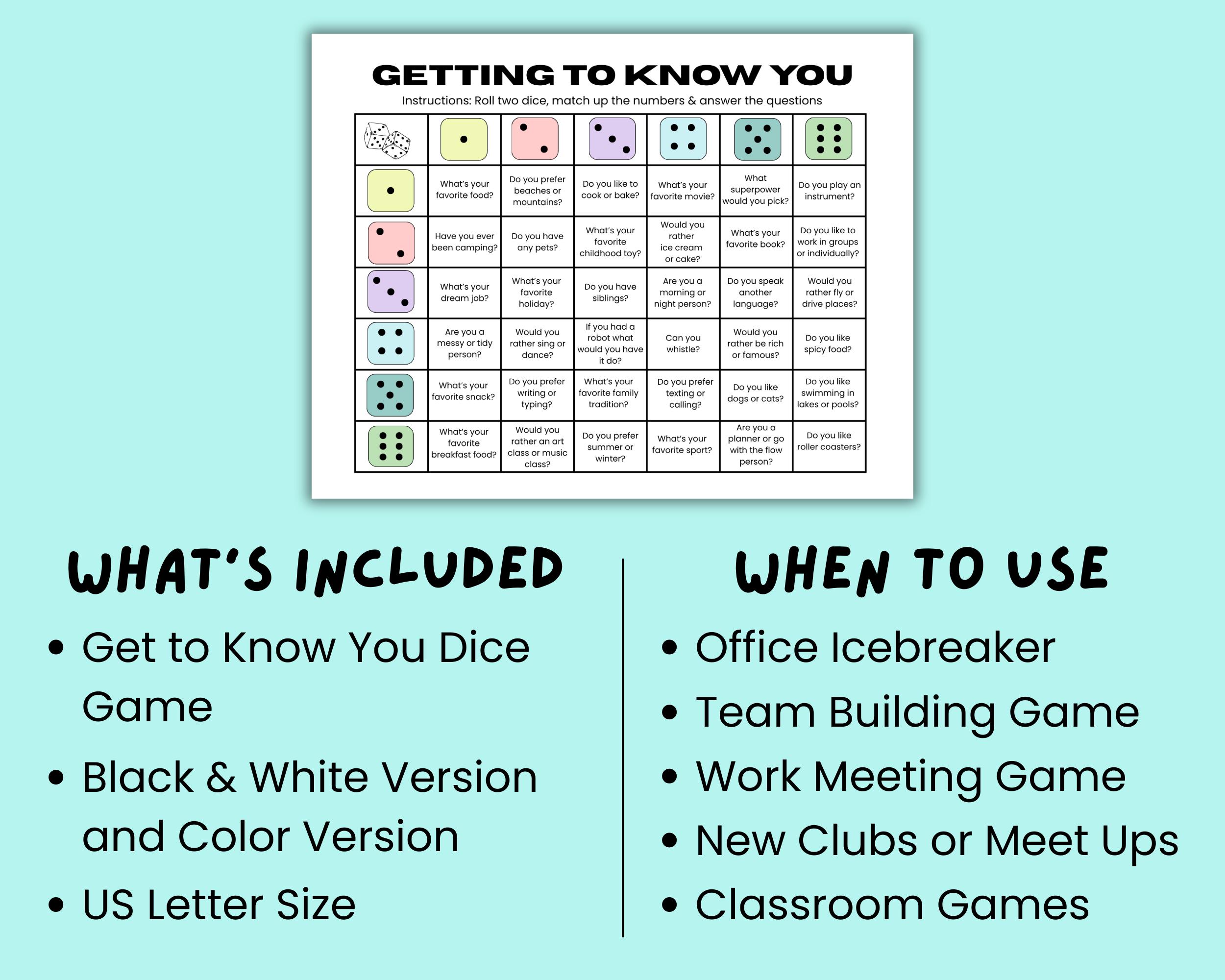 Get to Know You Game, Icebreaker Games, Printable Dice Game for Teens ...