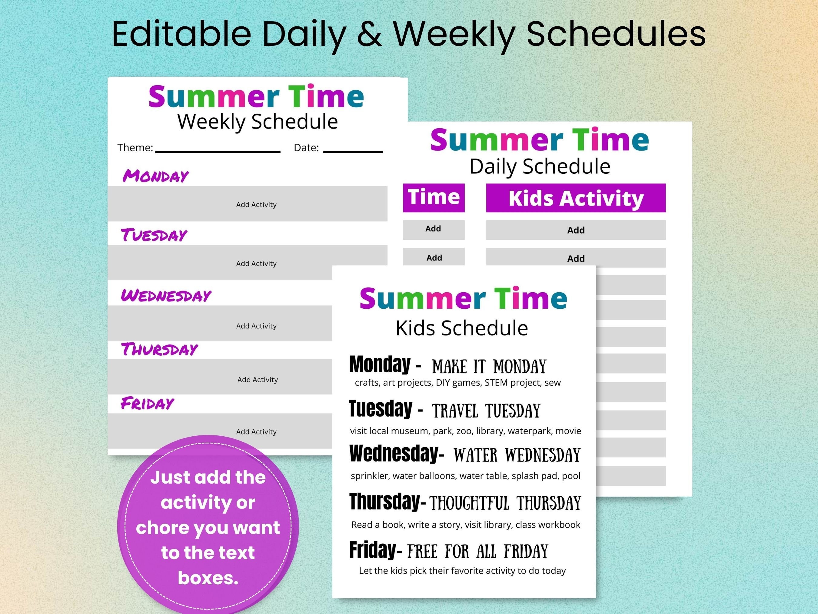 Editable Summer Schedule for Kids, Daily Kids Schedule Chart, Editable ...