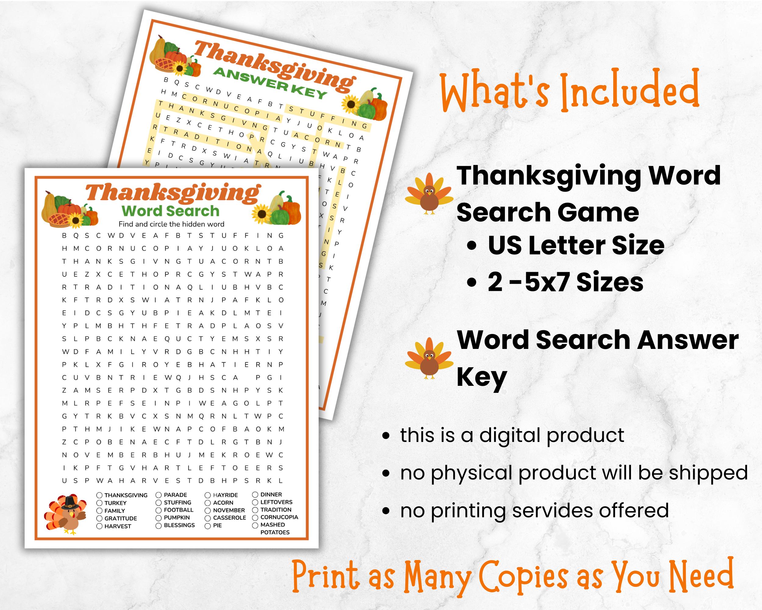 Thanksgiving Word Search Game, Printable Thanksgiving Game for Kids ...