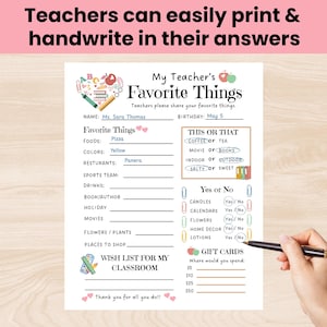 Teacher Favorite Things Printable, Favorite Things Questionnaire ...