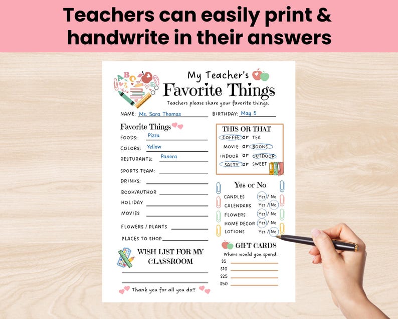 Teacher Favorite Things Printable, Favorite Things Questionnaire ...