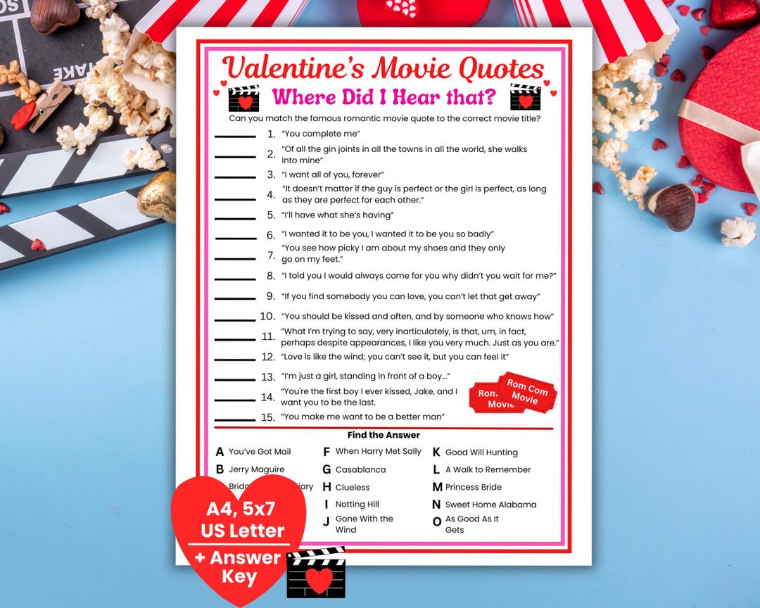 Valentine's Day Movie Quotes Trivia Game, Rom Com Movie Trivia Quiz ...