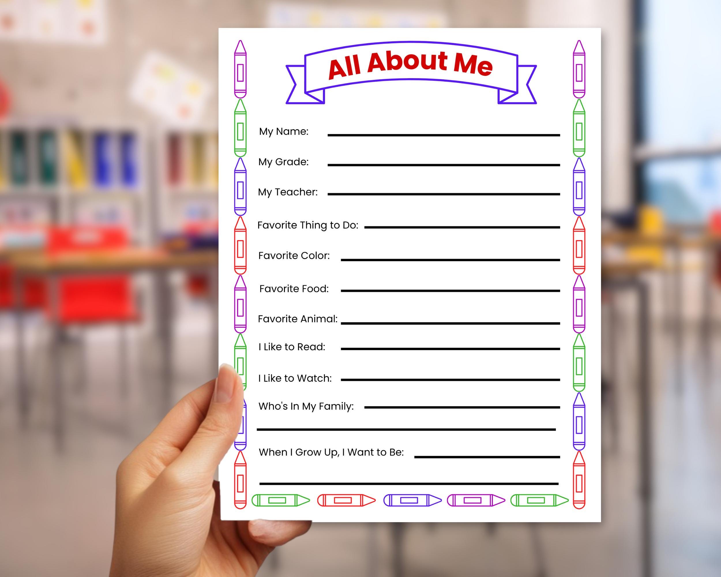 All About Me Printable, Getting to Know Me, Elementary Worksheet, Back ...