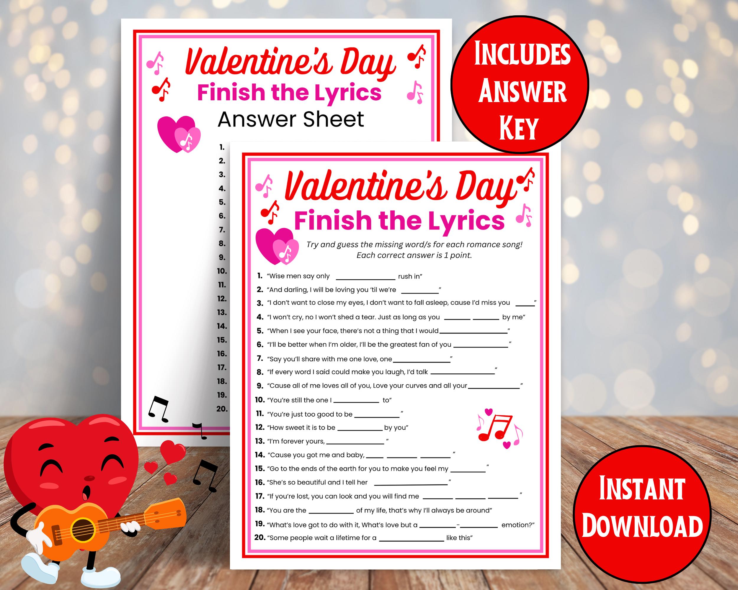 Love Songs Finish the Lyrics Game, Printable Valentines Party Game ...
