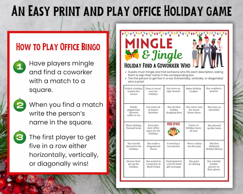 Holiday Mingle and Jingle Office Bingo, Find the Guest Bingo, Christmas ...