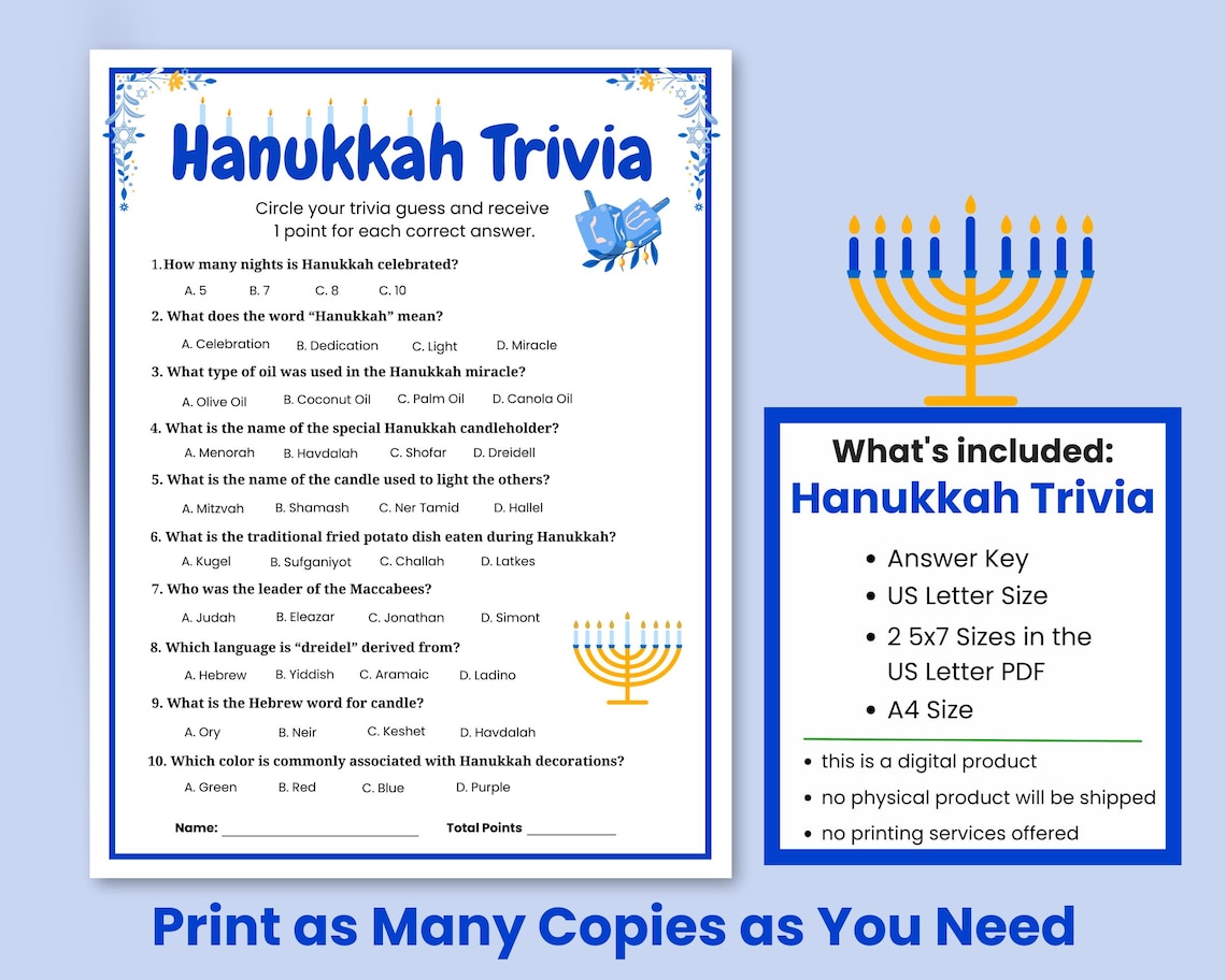 Hanukkah Trivia Game, Festival of Lights Activities, Family Chanukah ...