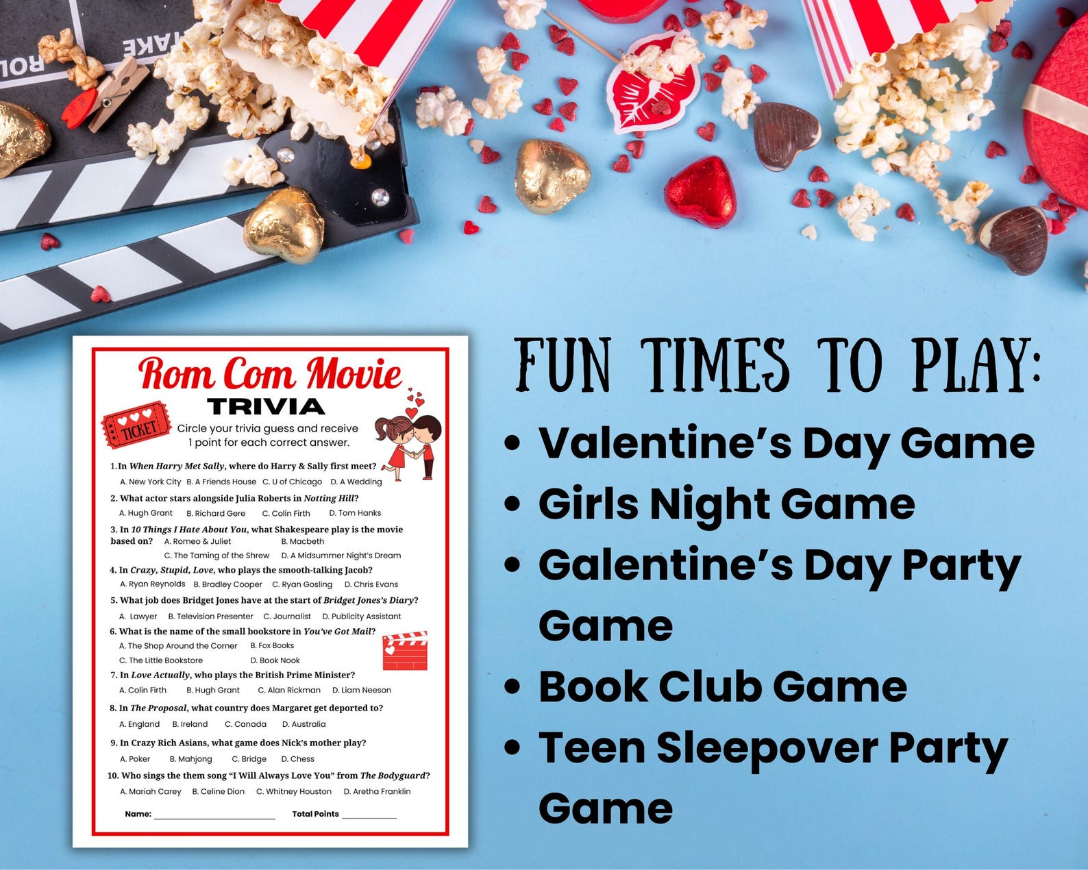 Rom Com Movie Trivia Quiz, Galentines Trivia, Romantic Comedy Trivia ...