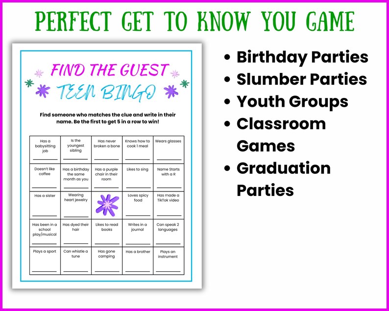 Find the Guest Bingo Game, Teen Games, Find Someone Who, Slumber Party ...