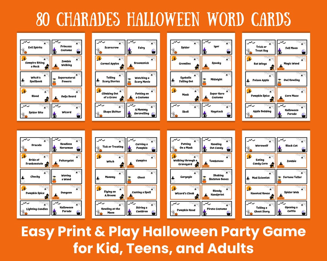 Halloween Charades Game Printable, Act It or Draw It, Fun Halloween ...