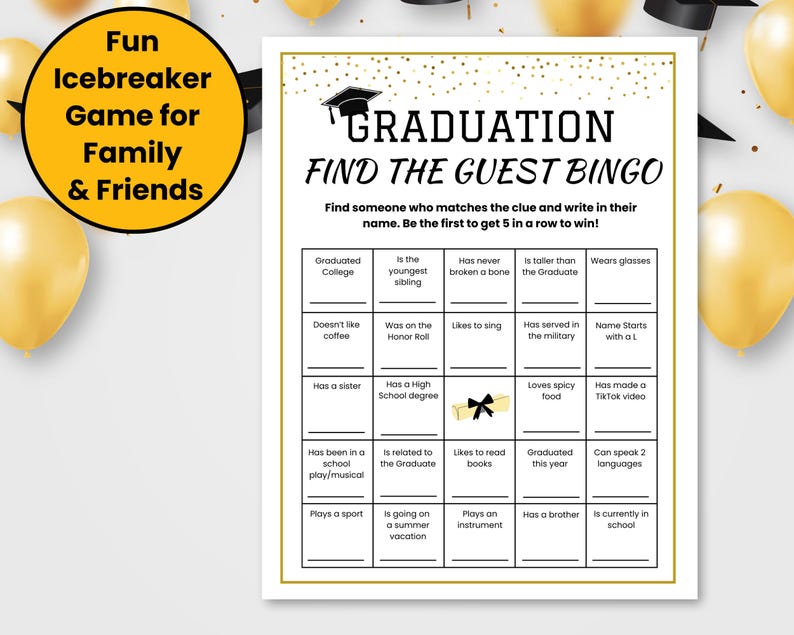 Graduation Find the Guest Bingo Game, Graduation Party Game, Grad Party ...