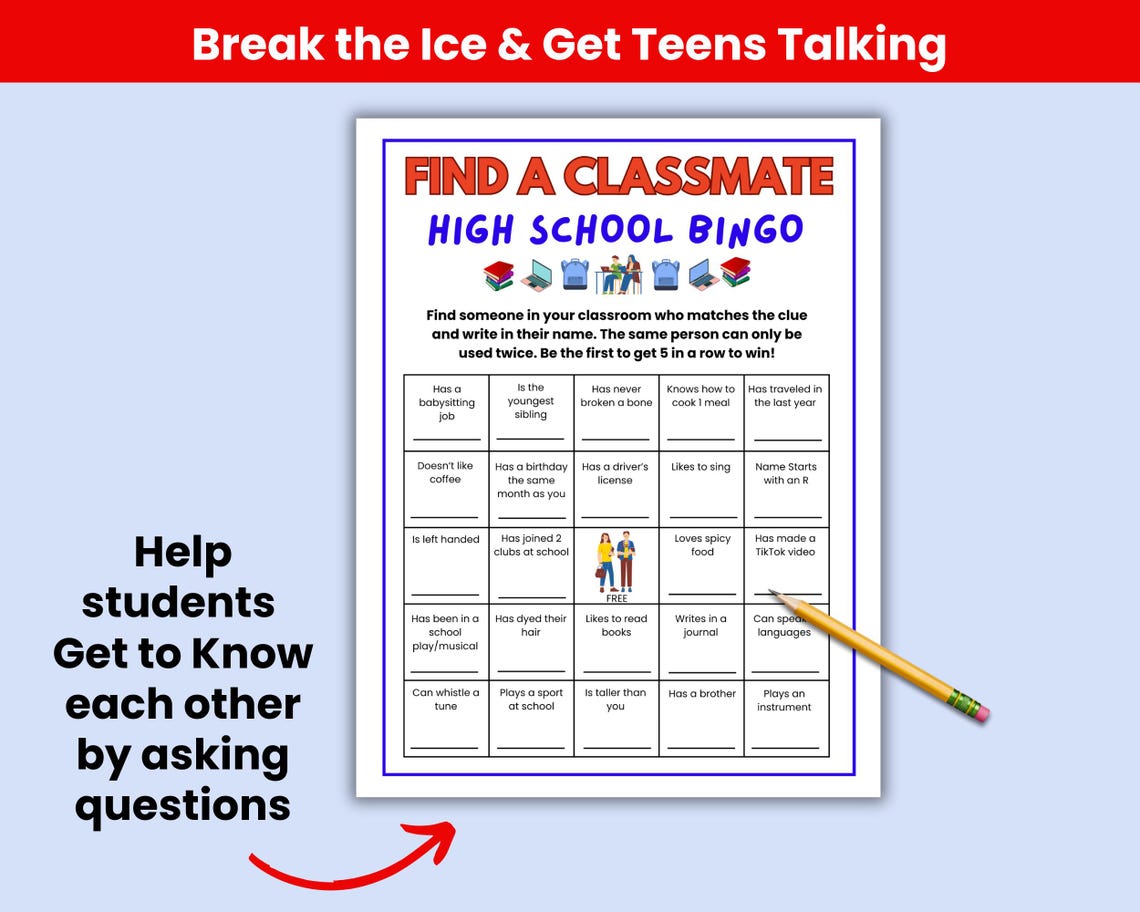 High School Games, Back to School Bingo, Teen Icebreaker, Get to Know ...