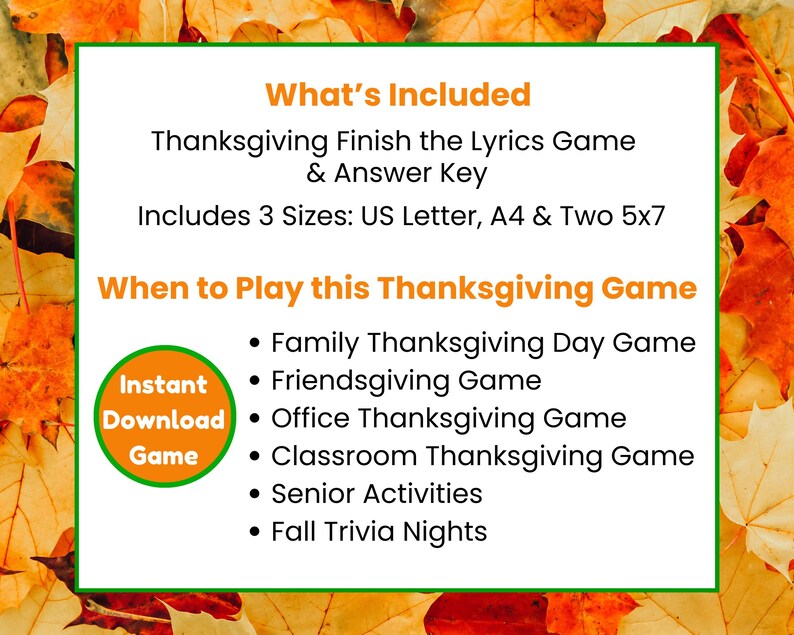 Thanksgiving Finish the Lyrics Trivia Game, Printable Thanksgiving ...