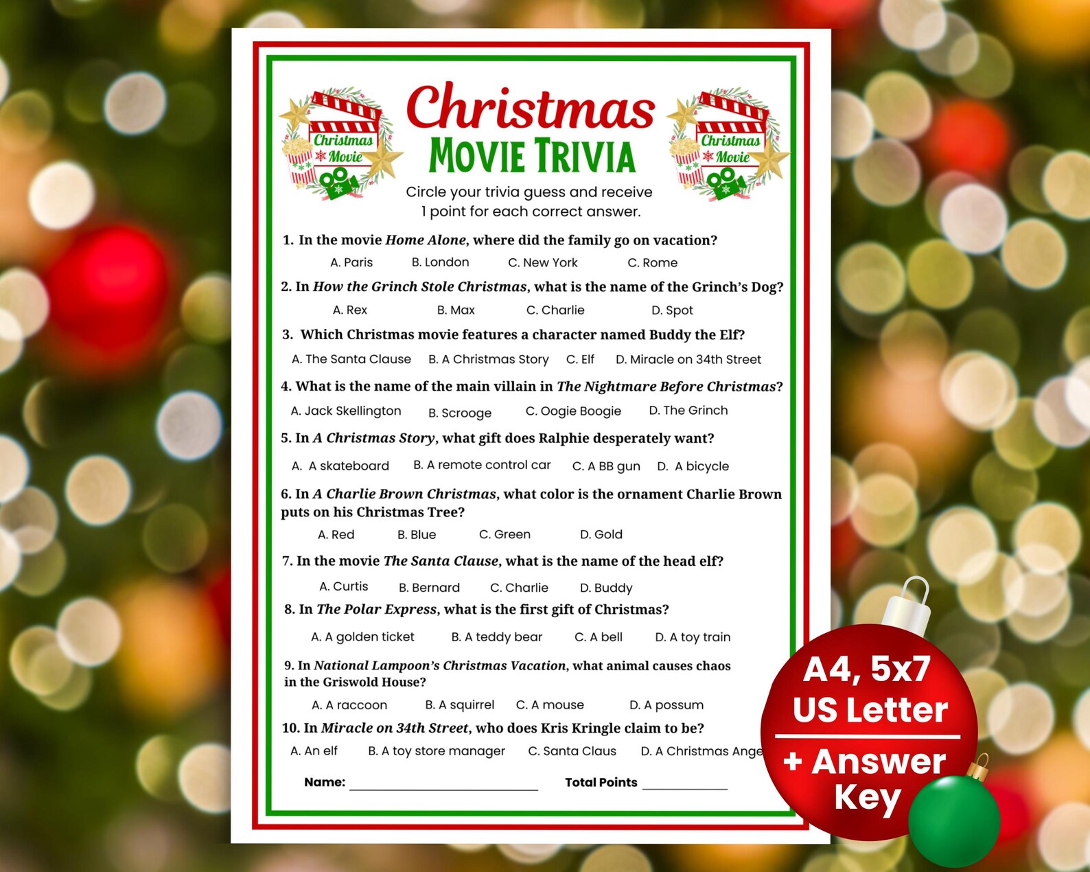 Christmas Movie Trivia Game Questions and Answers, Christmas Party Game ...