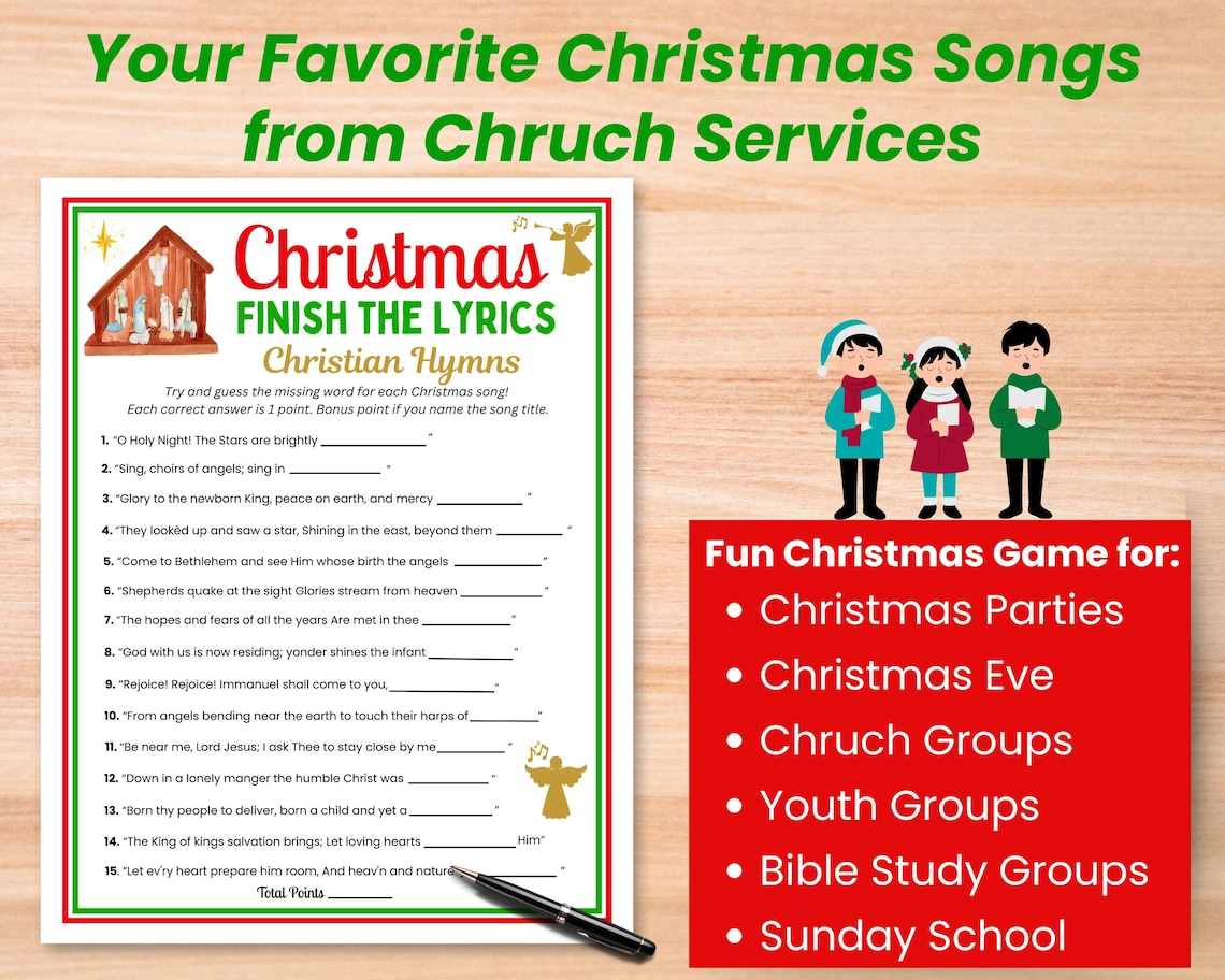 Christmas Hymns Finish the Lyrics Game, Christmas Song Game, Church ...
