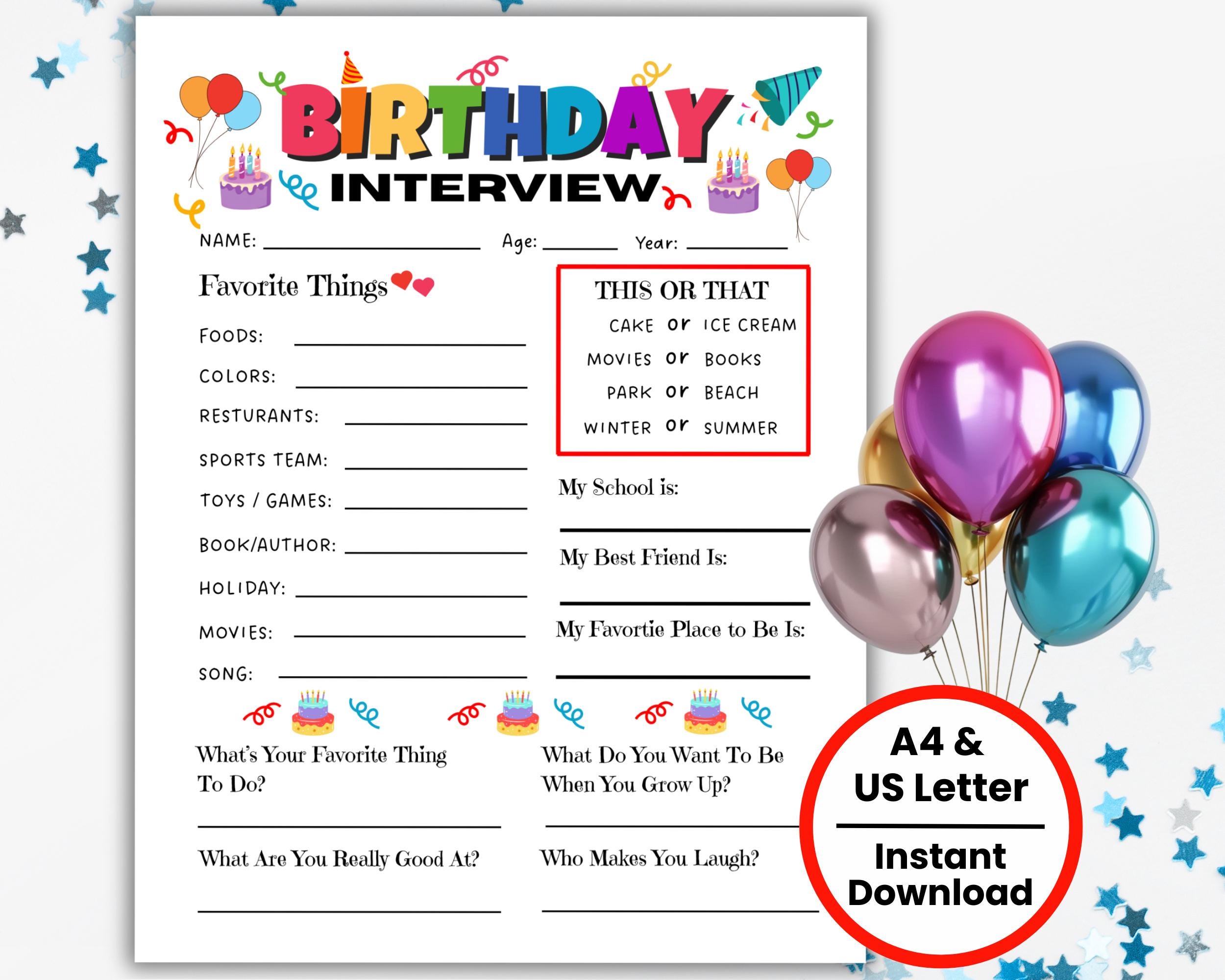 Printable Kids Birthday Interview, Birthday Questions Quiz, Keepsake ...
