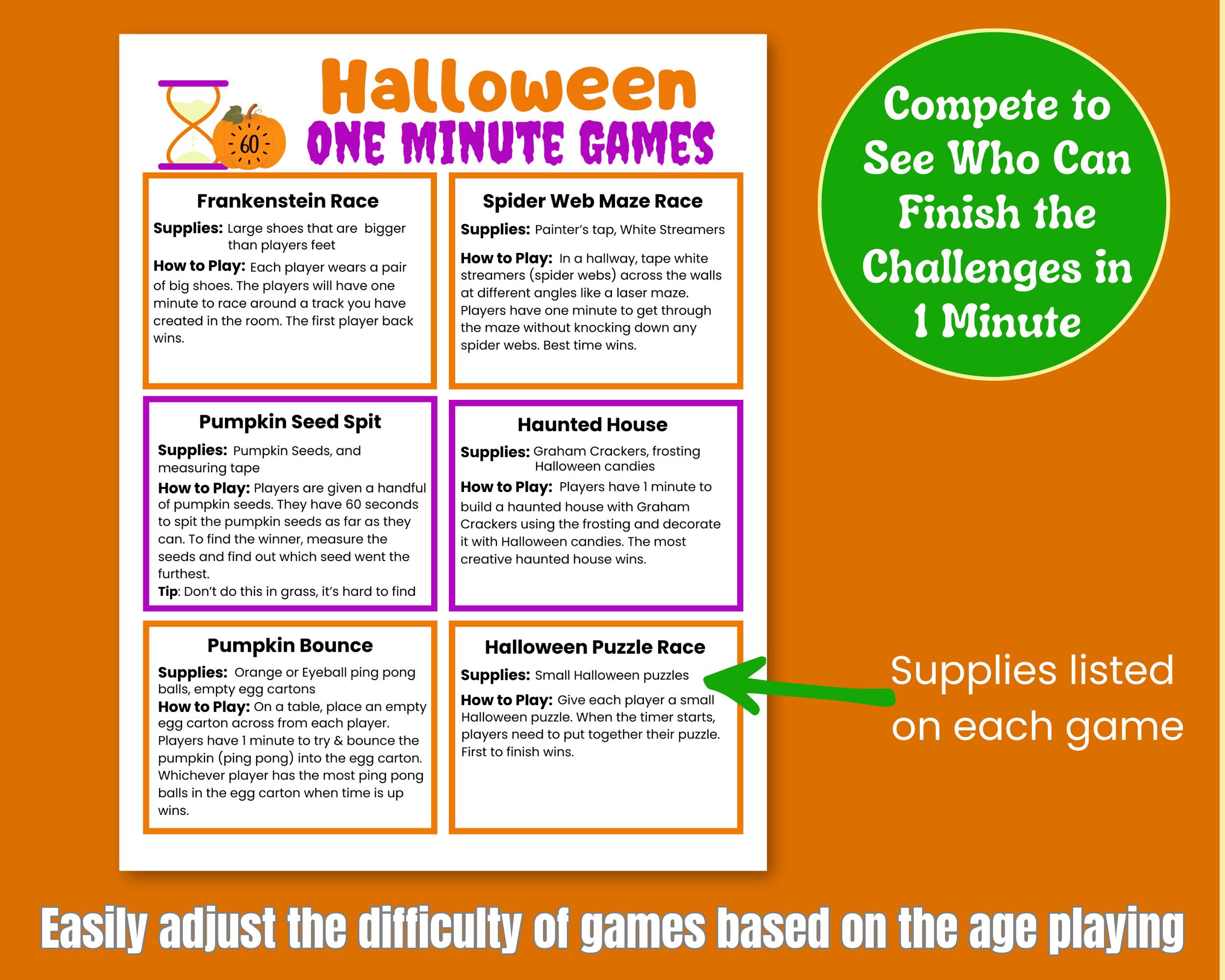 Halloween Minute to Win It Games, Quick One Minute Games, Halloween ...