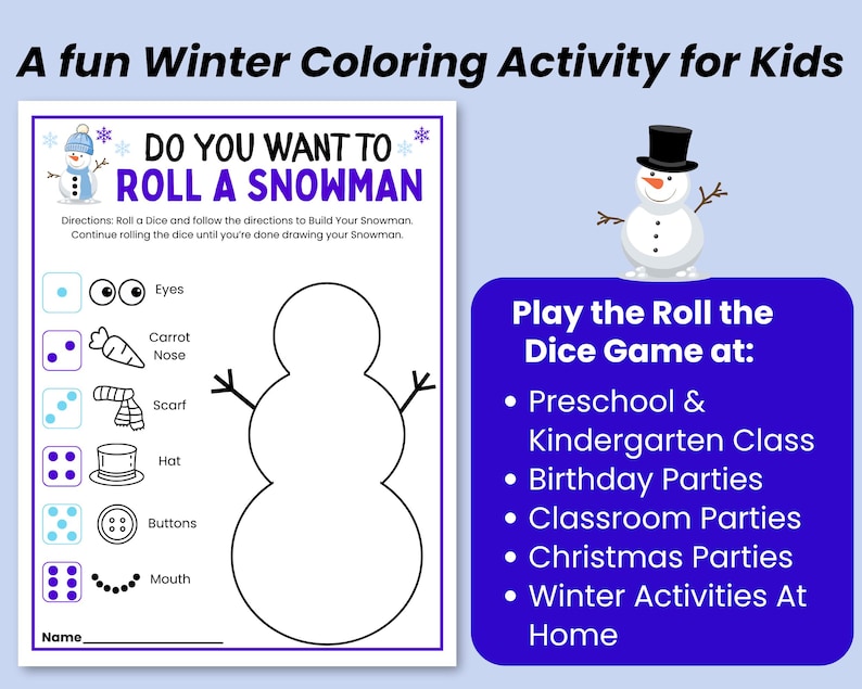 Roll a Snowman Dice Game, Printable Snowman Game, Preschool and ...