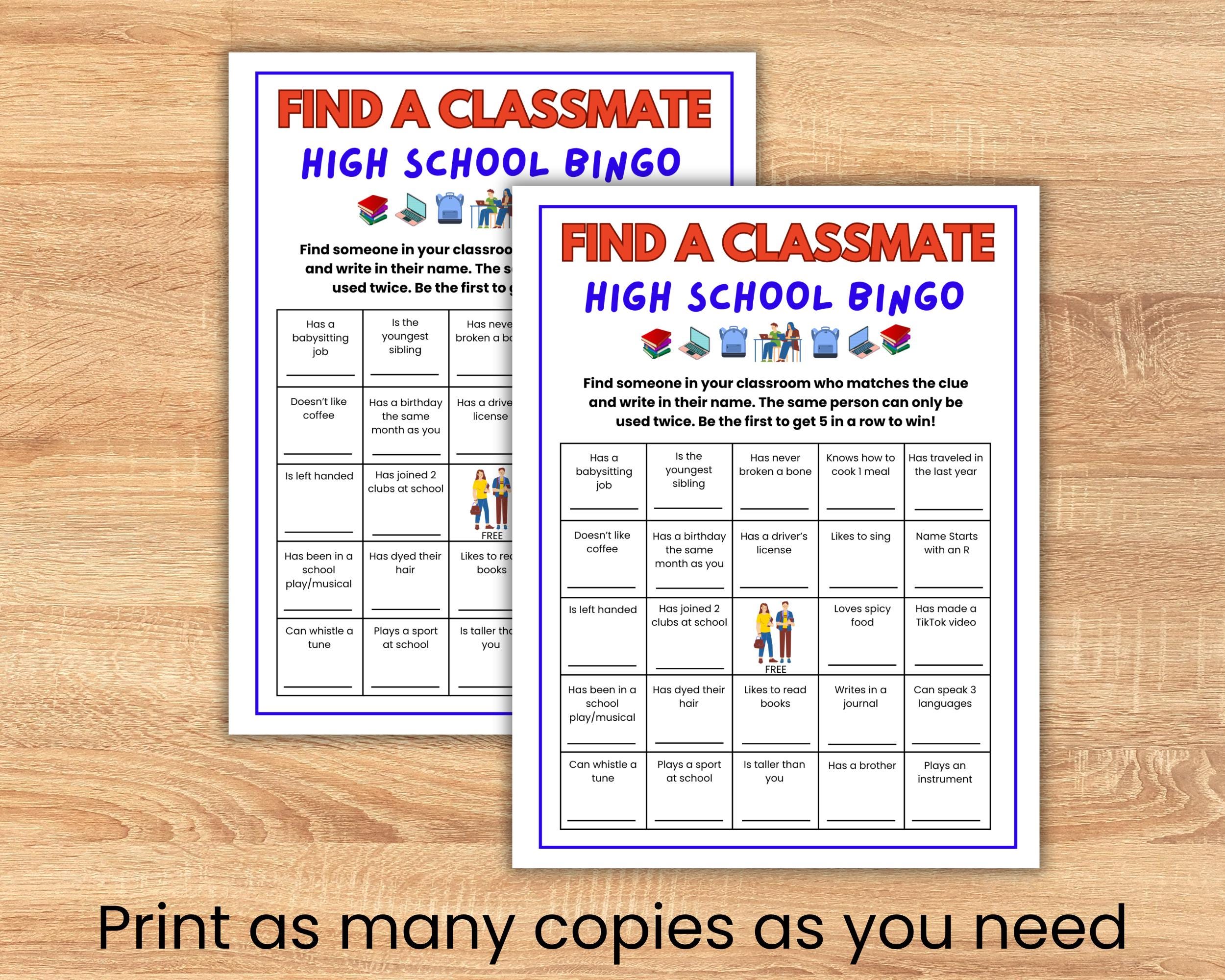 High School Games, Back to School Bingo, Teen Icebreaker, Get to Know ...