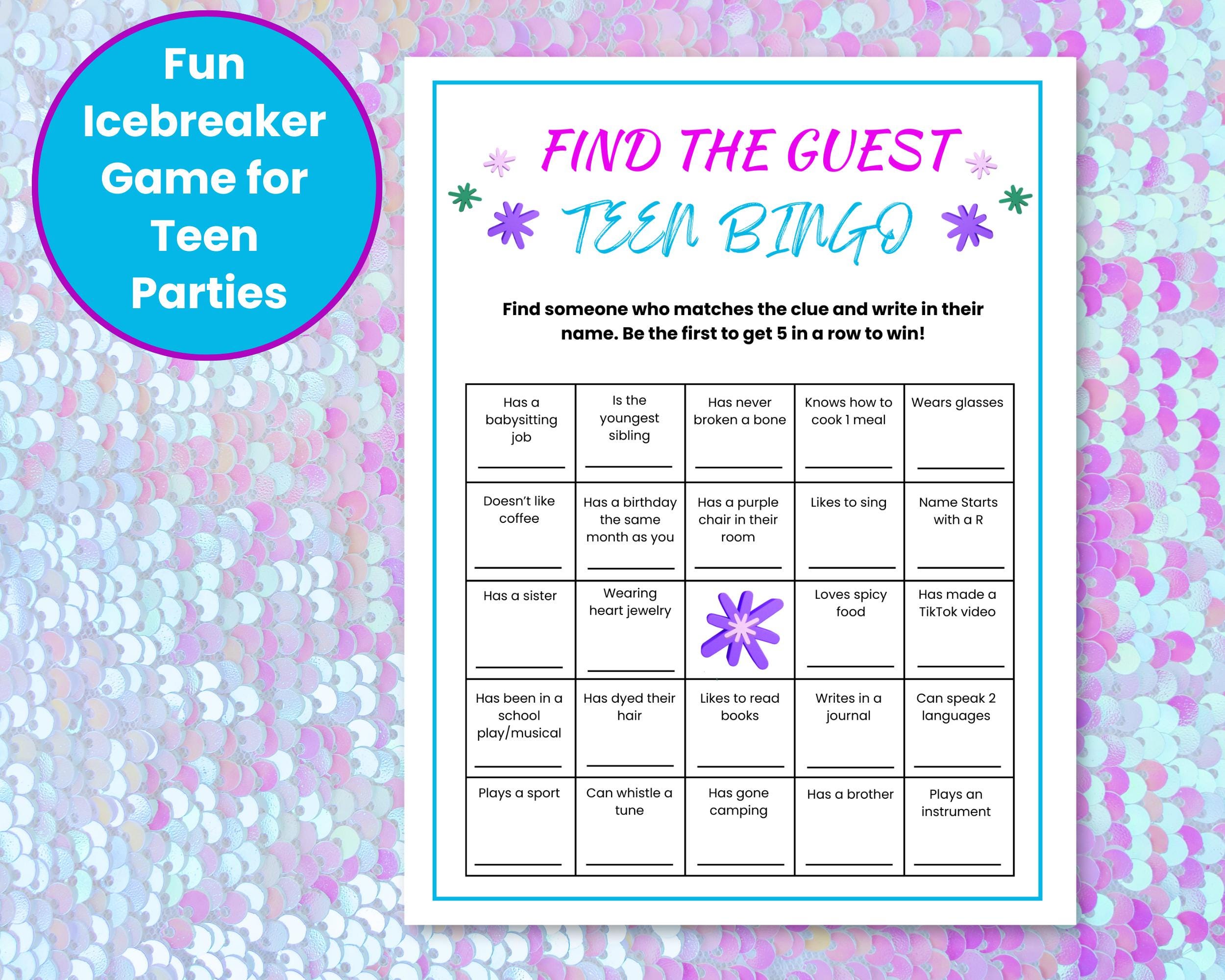 Find the Guest Bingo Game, Teen Games, Find Someone Who, Slumber Party ...