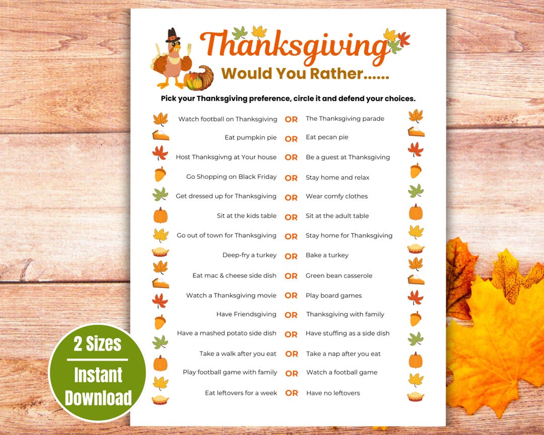 Thanksgiving Would You Rather Game, Printable Thanksgiving Game, This ...