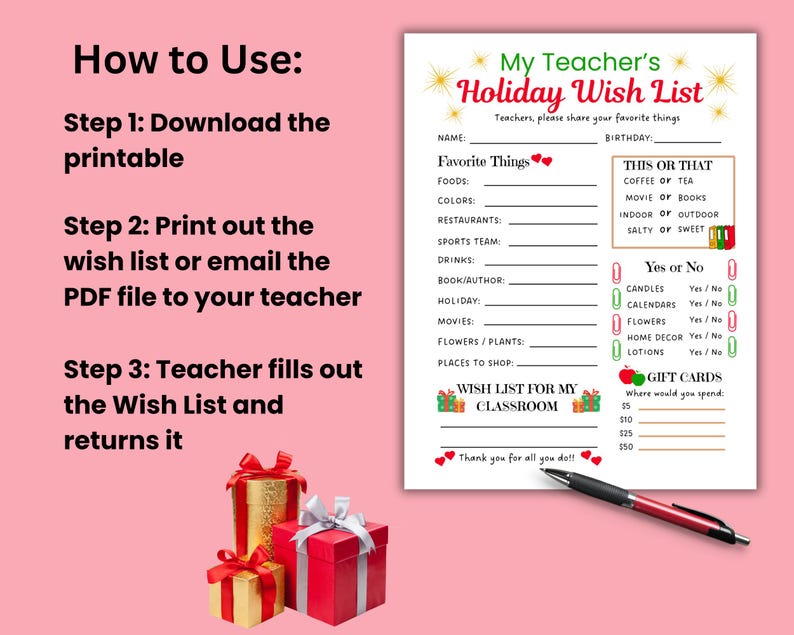 Teacher Holiday Wish List Printable, Christmas Wish List, Teacher ...