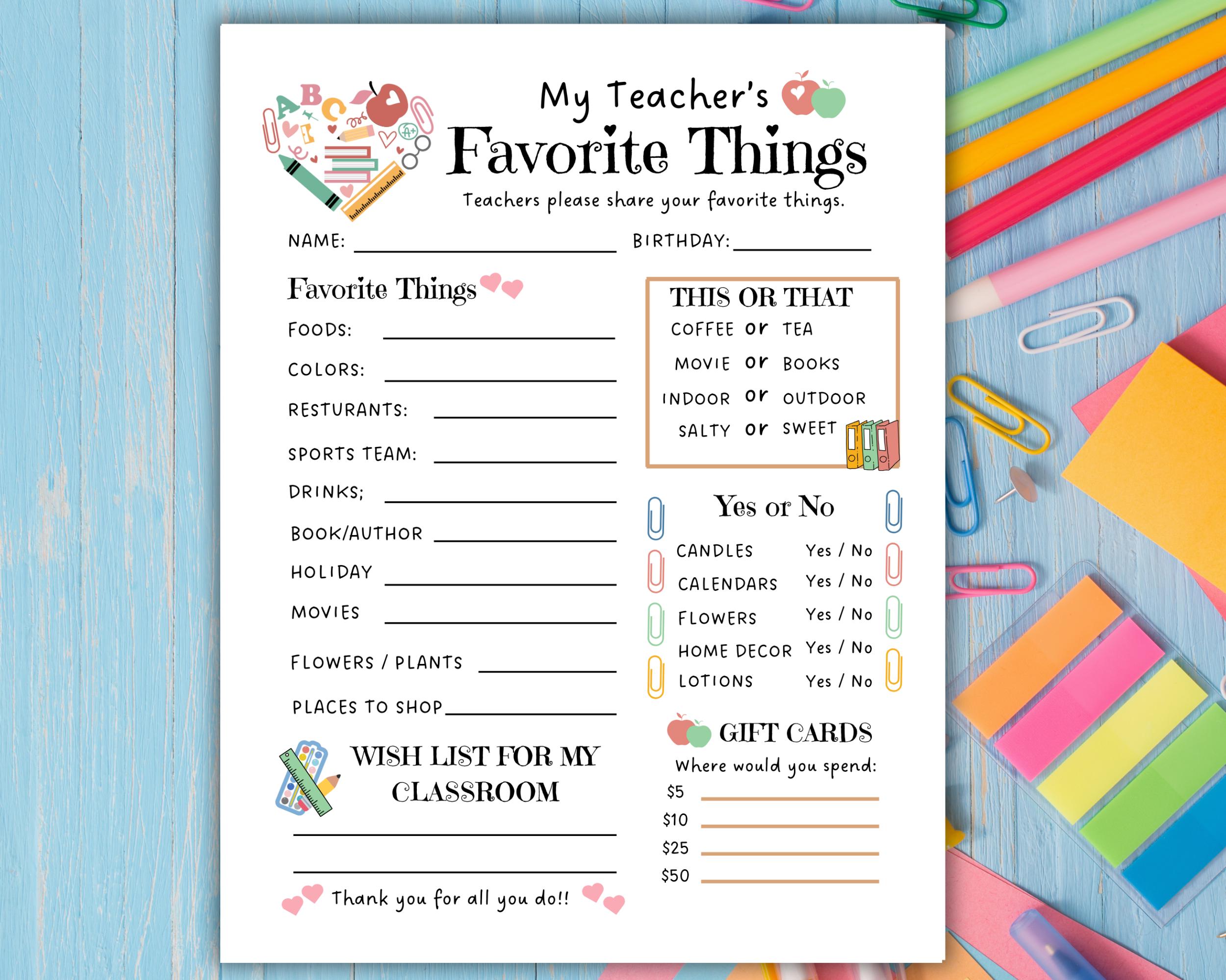Teacher Favorite Things Printable, Favorite Things Questionnaire ...