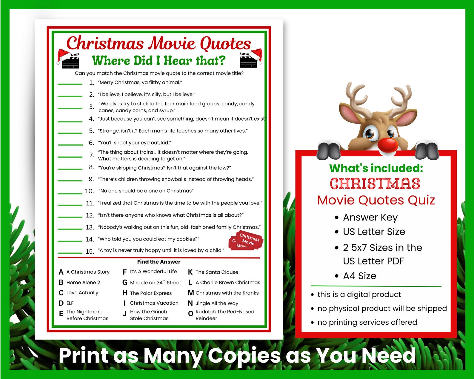 Christmas Movie Quotes Trivia Game, Holiday Movie Quote Game, Christmas ...