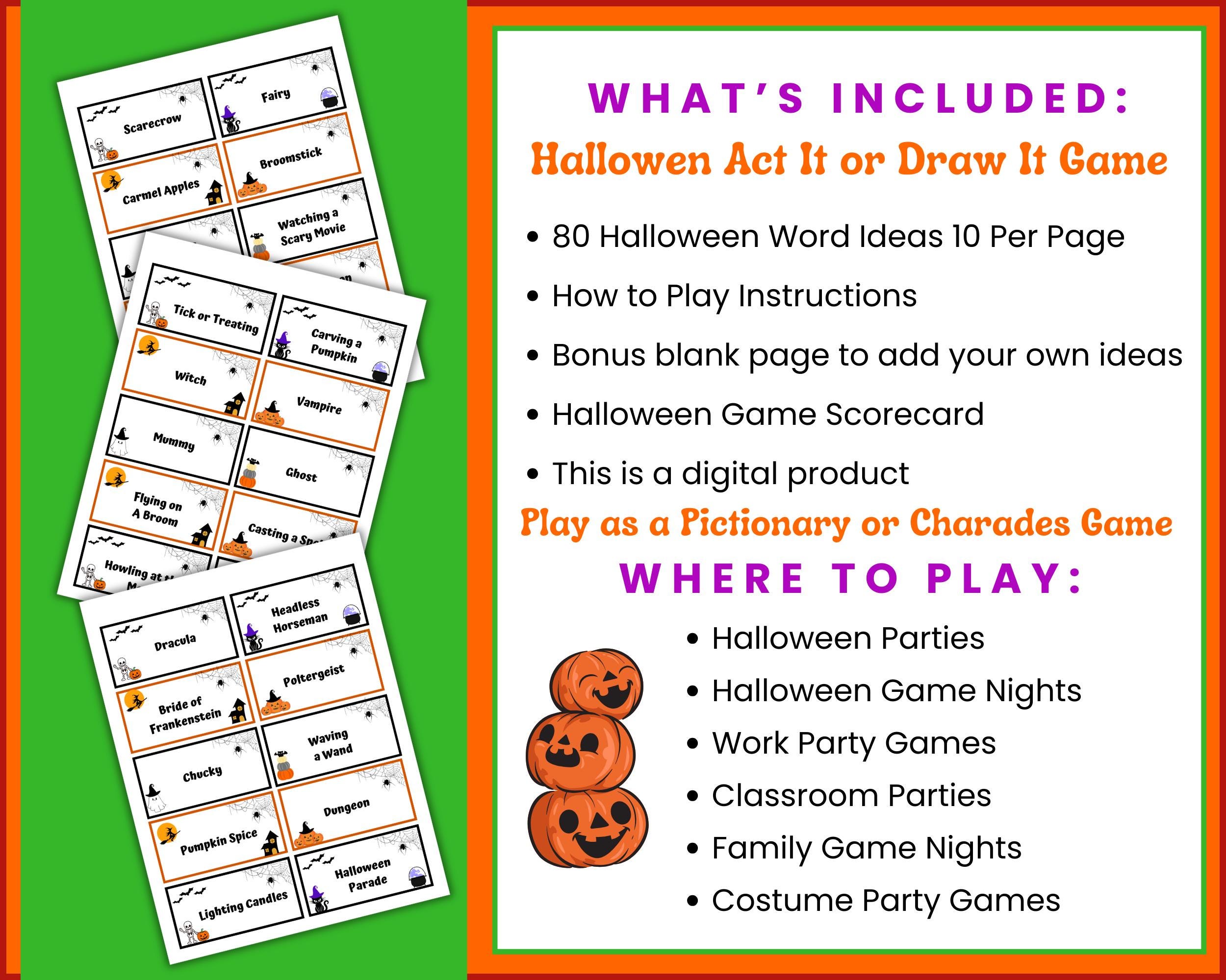 Halloween Charades Game Printable, Act It or Draw It, Fun Halloween ...