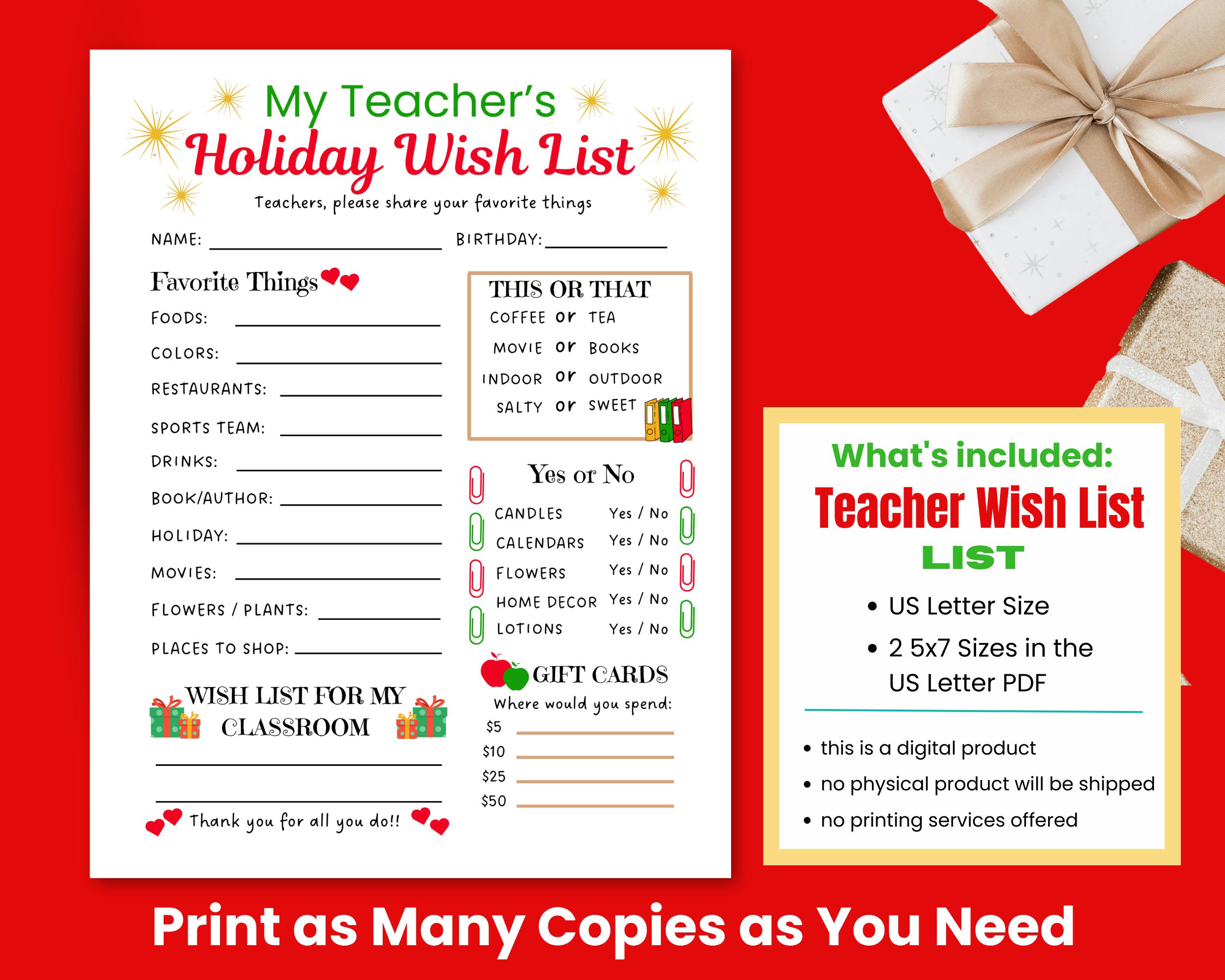 Teacher Holiday Wish List Printable, Christmas Wish List, Teacher ...