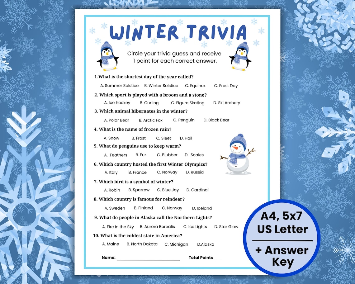 Winter Trivia Game, Printable Winter Party Game, Winter Class Party ...
