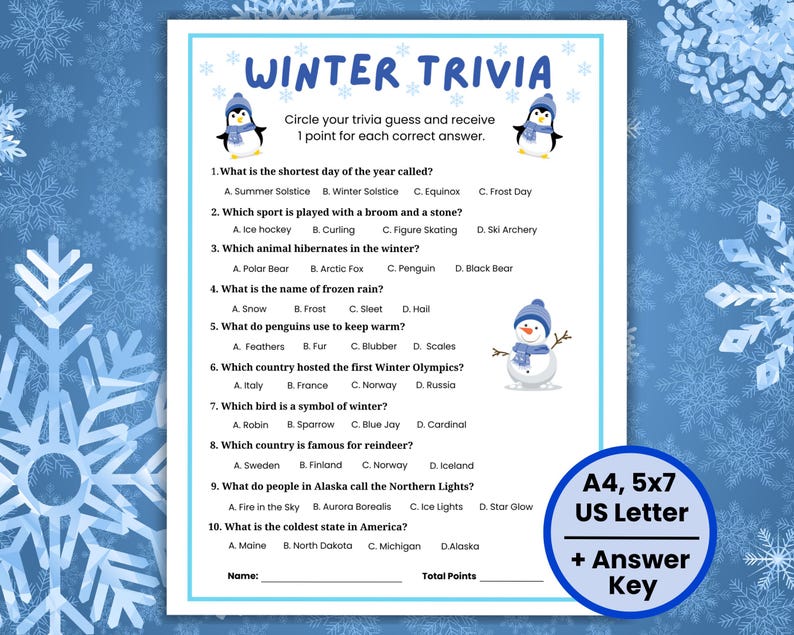 Winter Trivia Game, Printable Winter Party Game, Winter Class Party ...