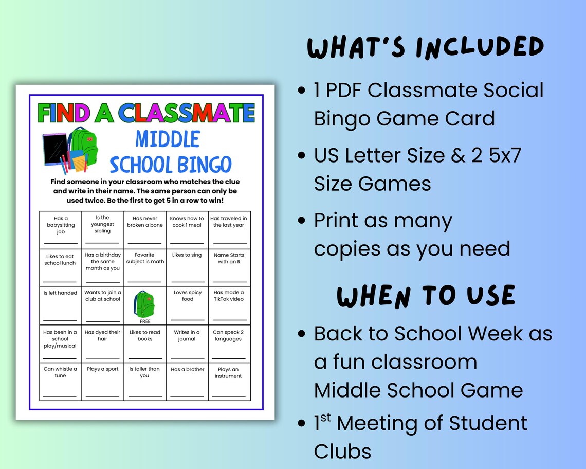 Back to School Bingo, Middle School Games, Classroom Icebreaker Bingo ...