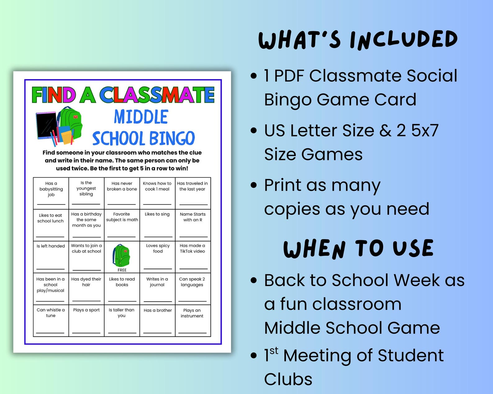Back to School Bingo, Middle School Games, Classroom Icebreaker Bingo ...