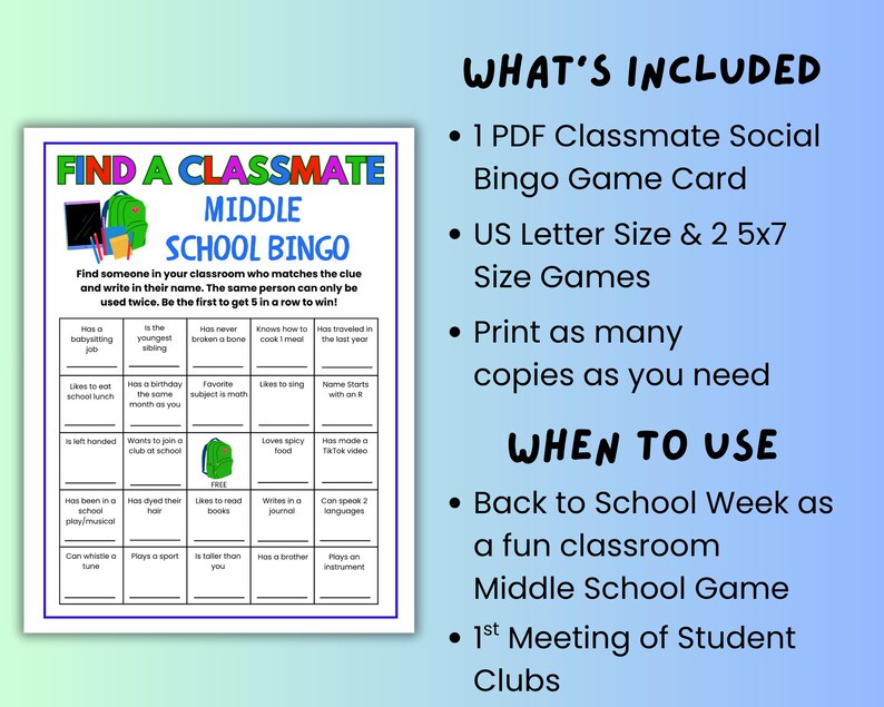 Back to School Bingo, Middle School Games, Classroom Icebreaker Bingo ...