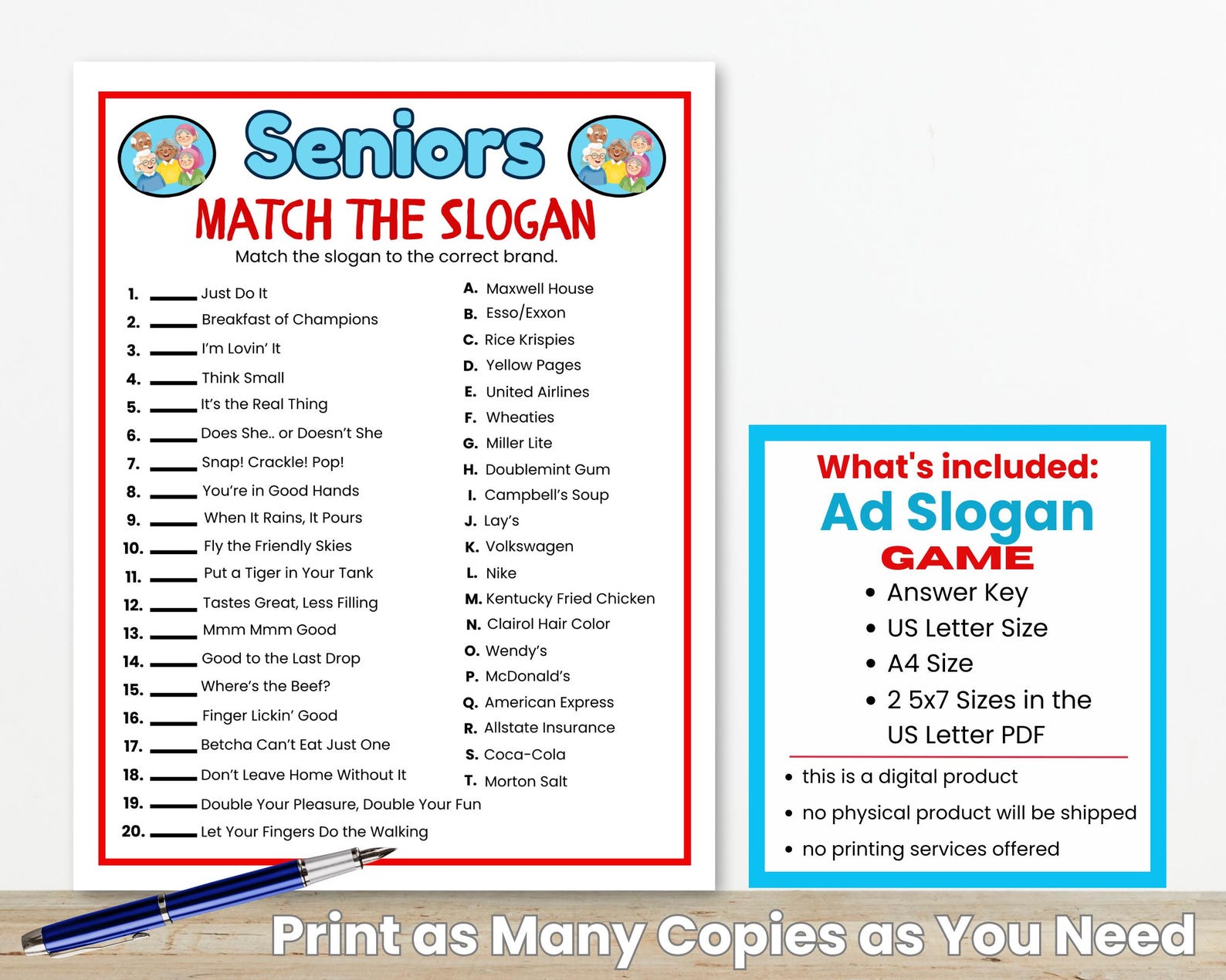 Senior Slogans Game, Ad Slogan Trivia Game for Seniors, Senior Party ...