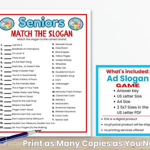 Senior Slogans Game, Ad Slogan Trivia Game for Seniors, Senior Party ...