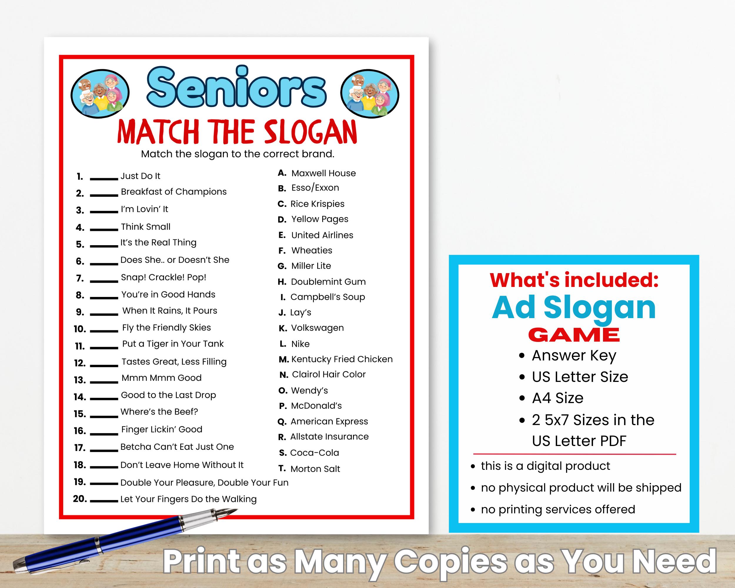 Senior Slogans Game, Ad Slogan Trivia Game for Seniors, Senior Party ...