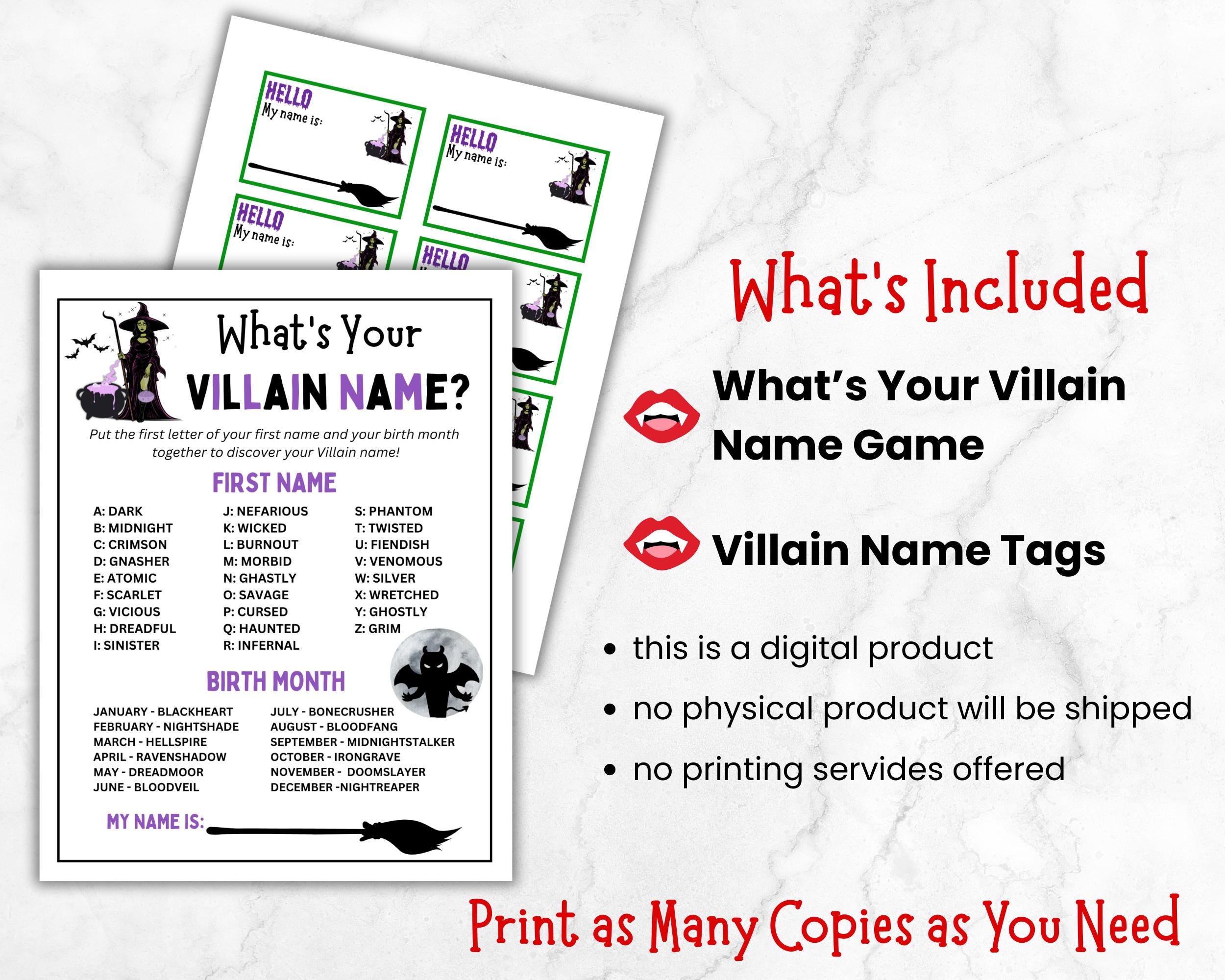 What's Your Villain Name Game, Fun Halloween Name Game, Printable ...