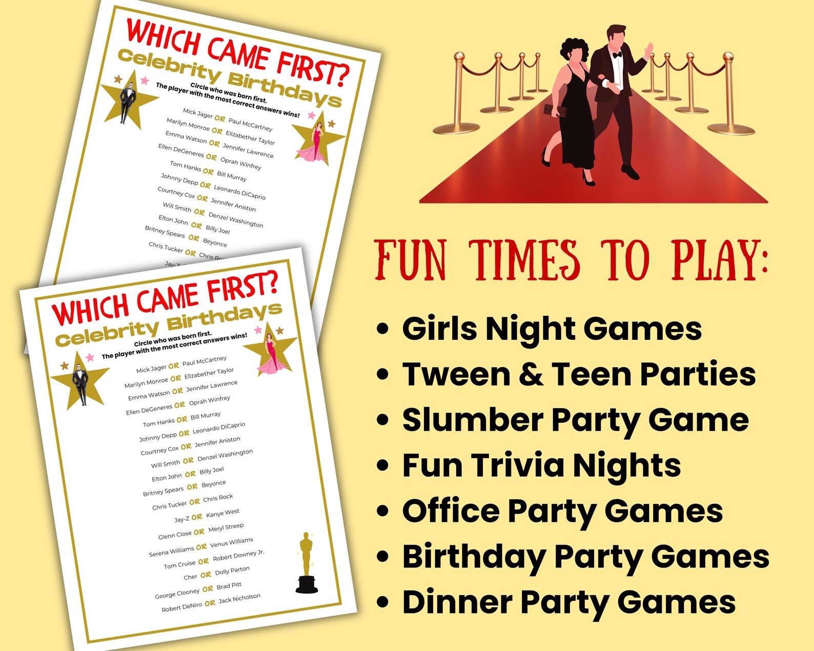 Which Came First Celebrity Trivia Game, Printable Trivia for Teens ...