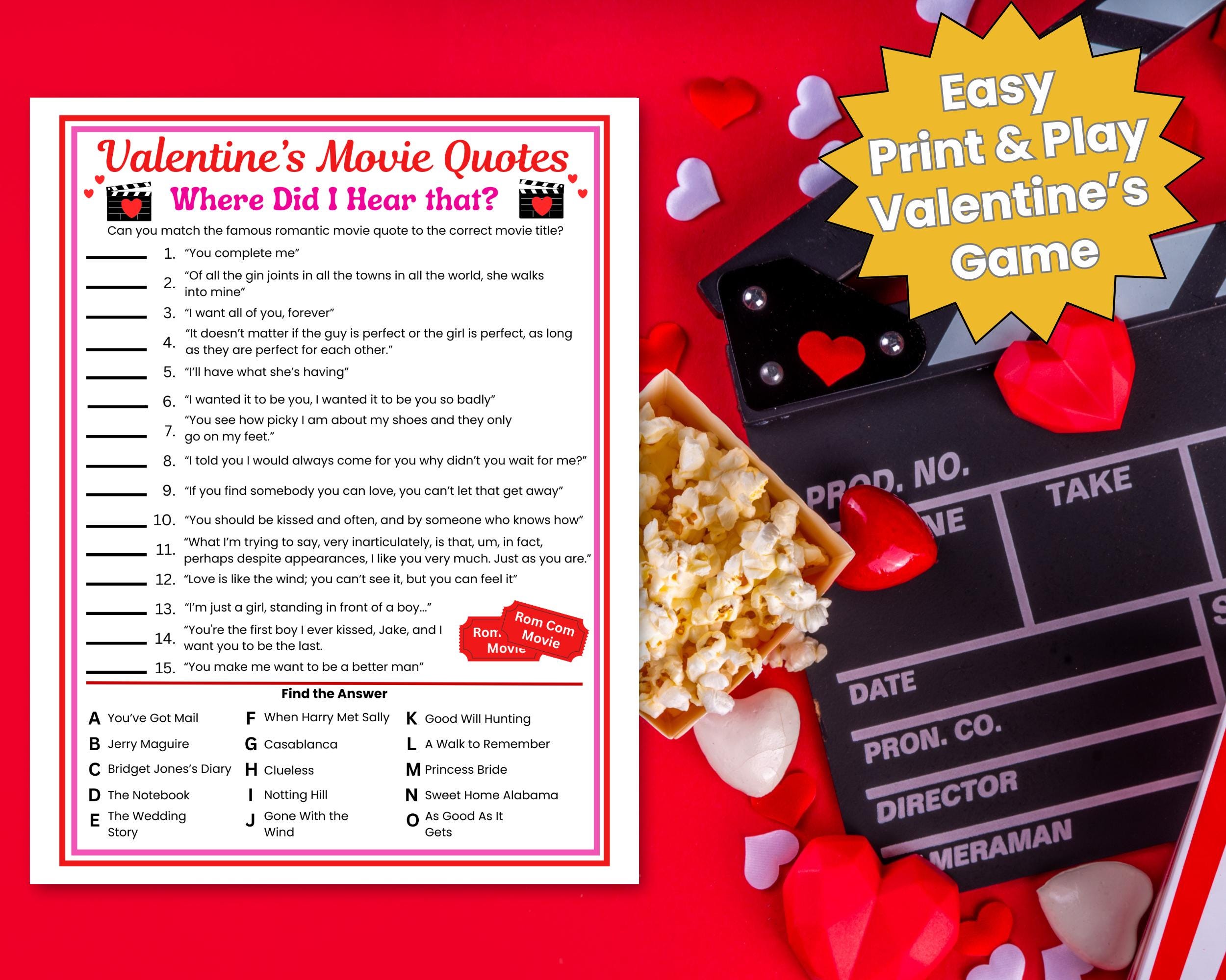 Valentine's Day Movie Quotes Trivia Game, Rom Com Movie Trivia Quiz ...