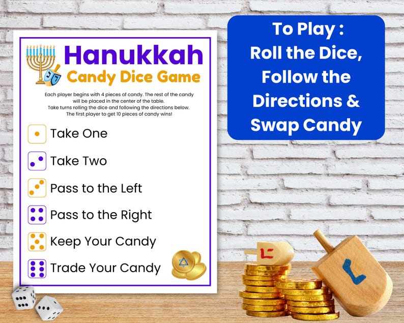 Hanukkah Candy Dice Game, Hanukkah Party Games, Hanukkah Dice Games for ...
