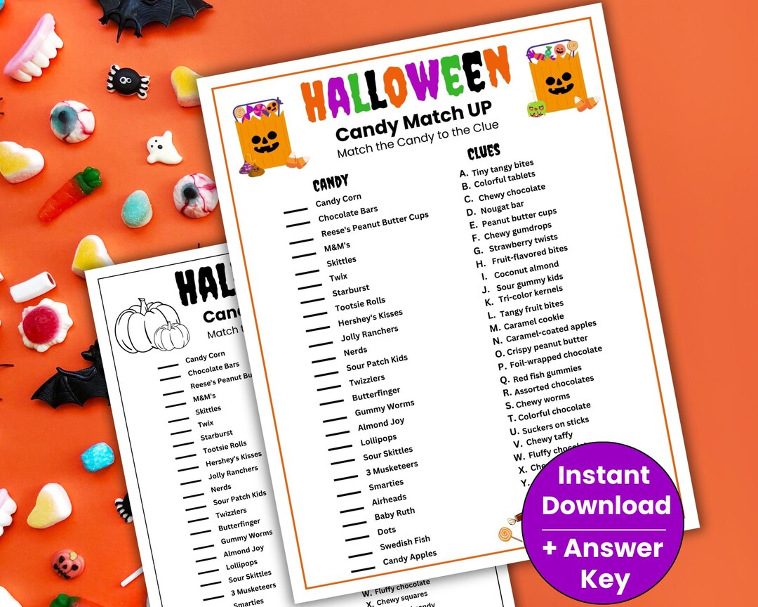 Halloween Candy Match Up, Halloween Trivia, Halloween Quiz, Printable ...